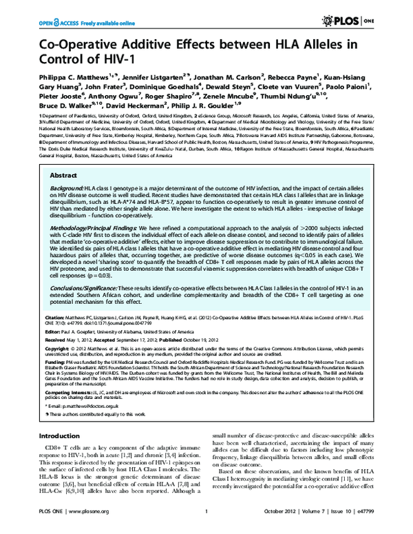 (PDF) Co-Operative Additive Effects between HLA Alleles in Control of HIV-1