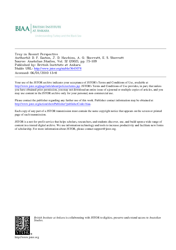 (PDF) Troy in recent perspective, by D. F. Easton, J. D. Hawkins, A. G ...