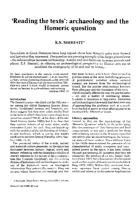 (PDF) `Reading the texts': archaeology and the Homeric question