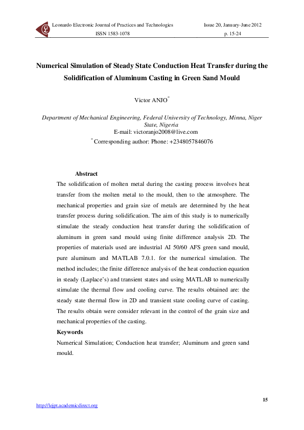 Pdf Numerical Simulation Of Steady State Conduction Heat Transfer During The Solidification Of