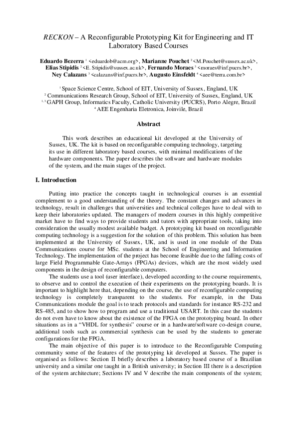 (PDF) RECKON–A Reconfigurable Prototyping Kit for Engineering and IT Laboratory Based Courses