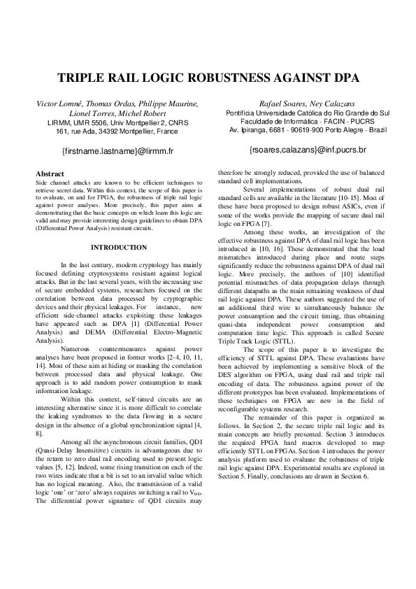 (PDF) Triple Rail Logic Robustness against DPA