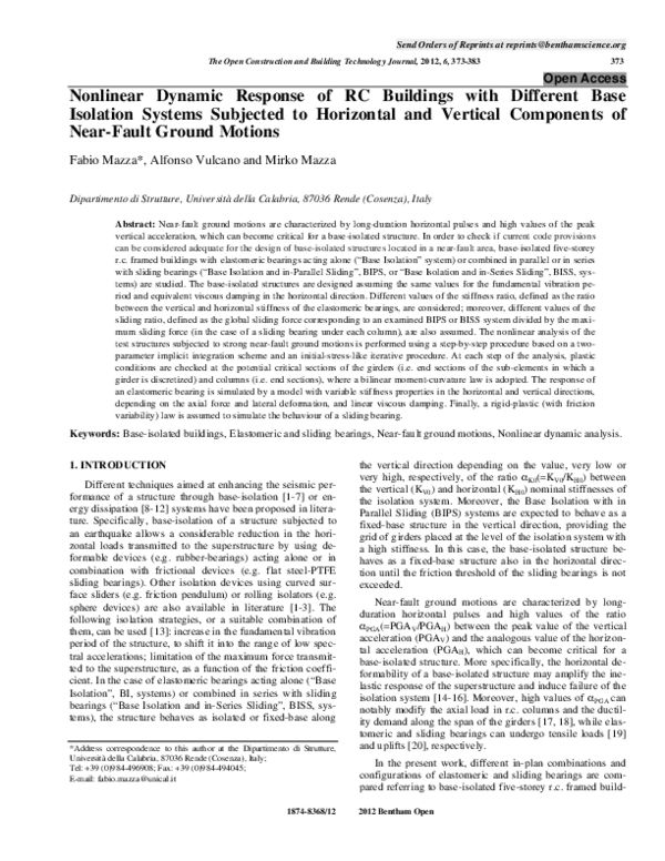 Pdf Nonlinear Dynamic Response Of Rc Buildings With Different Base Isolation Systems Subjected