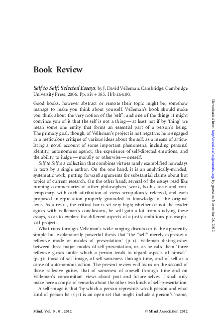 (PDF) Critical Review of Self to Self by J. David Velleman