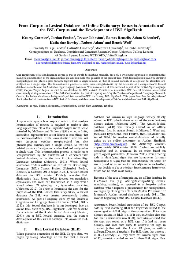Pdf From Corpus To Lexical Database To Online Dictionary Issues In