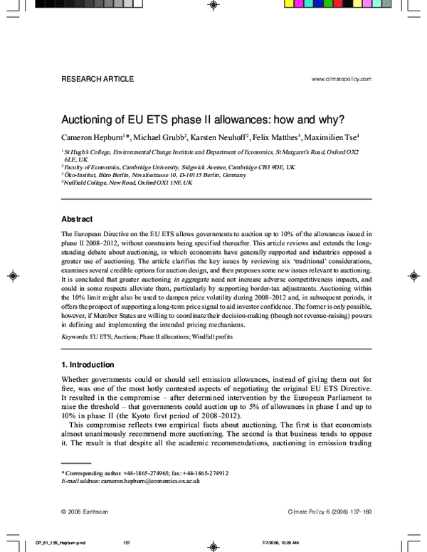 (PDF) Auctioning of EU ETS phase II allowances: how and why?