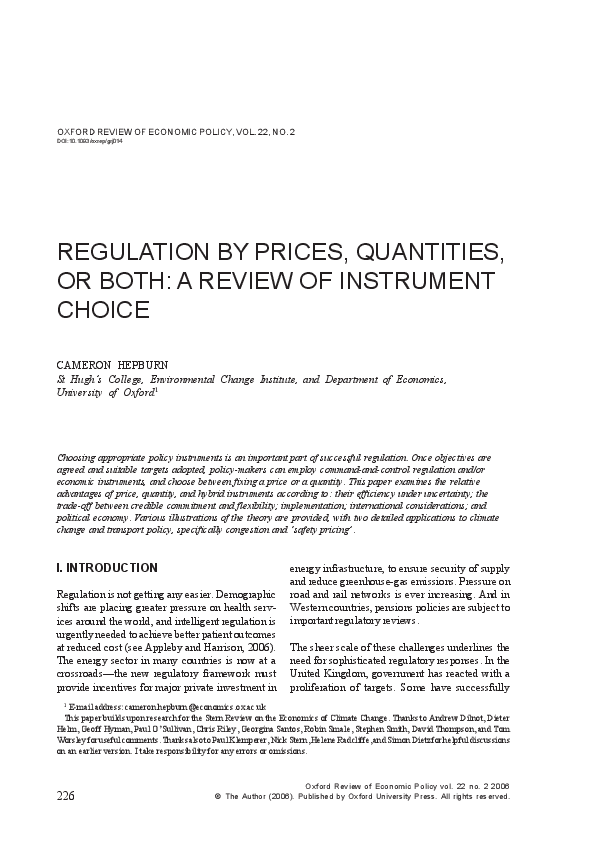 (PDF) Regulation by prices, quantities, or both: a review of instrument ...