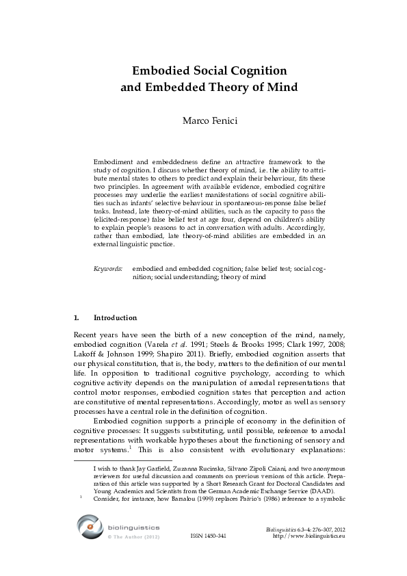 Embodied social cognition and embedded theory of mind