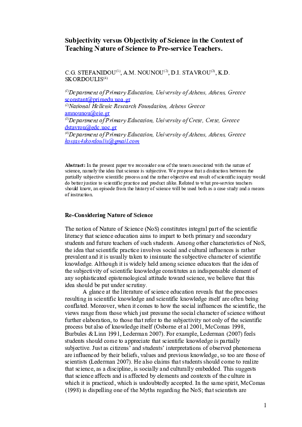 (DOC) Subjectivity versus Objectivity of Science in the Context of ...