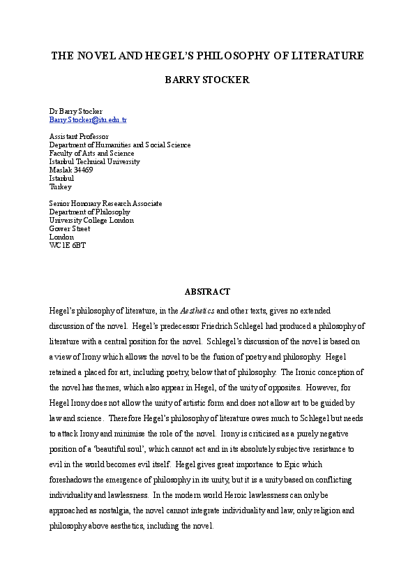 (PDF) The Novel and Hegel's Philosophy of Literature
