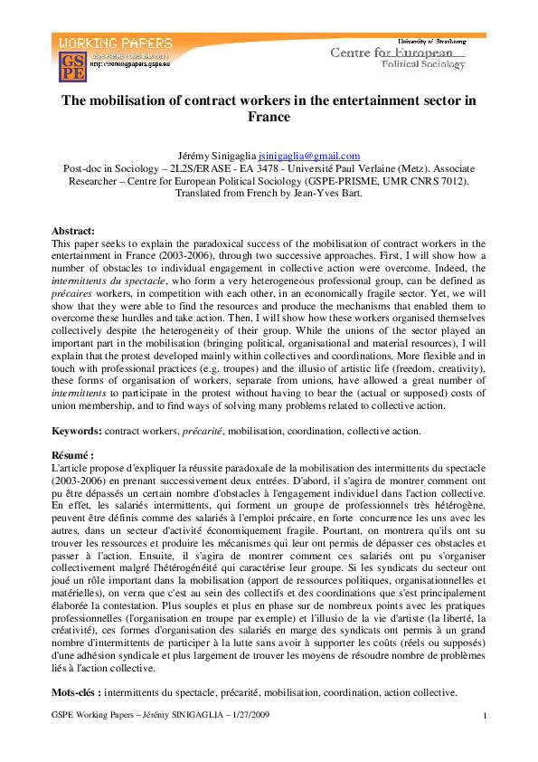(PDF) The mobilisation of contract workers in the entertainment sector ...