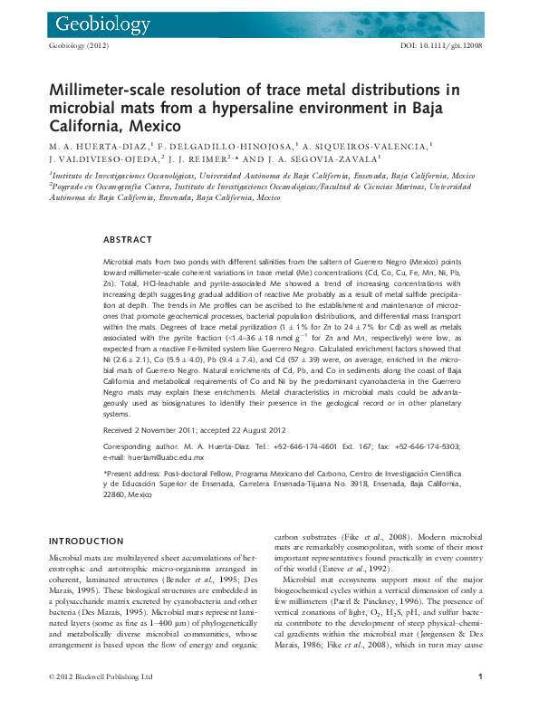 (PDF) Millimeter-scale resolution of trace metal distributions in microbial mats from a ...