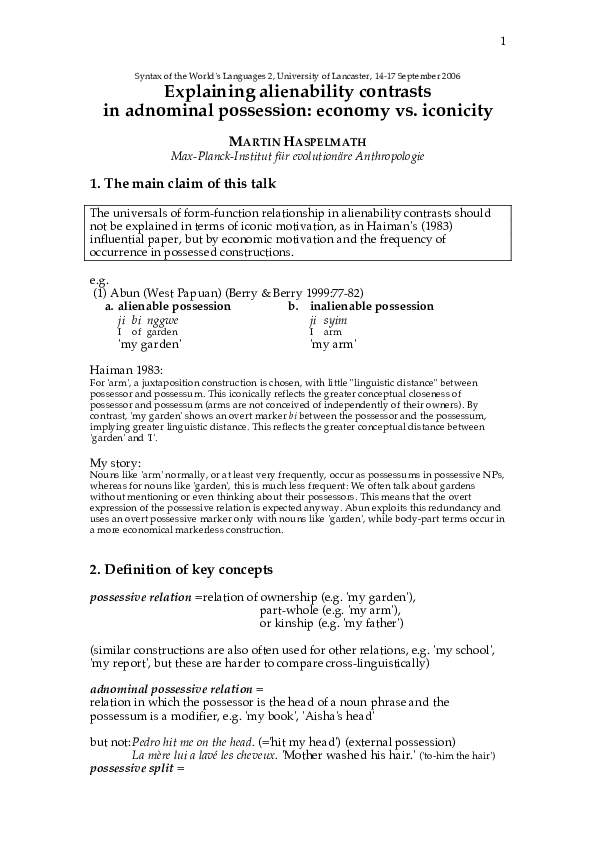 (PDF) Explaining alienability contrasts (Lancaster 2006)