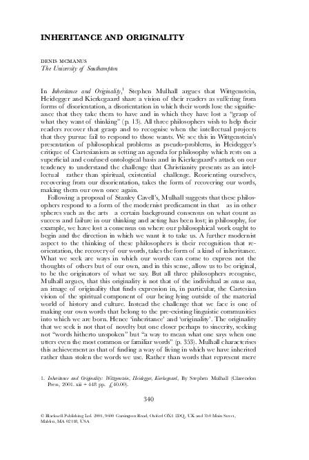 (PDF) Critical Notice of Stephen Mulhall's 'Inheritance and Originality'