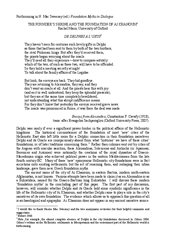 (PDF) "The Founder Shrine and the 'Foundation' of Ai Khanoum"