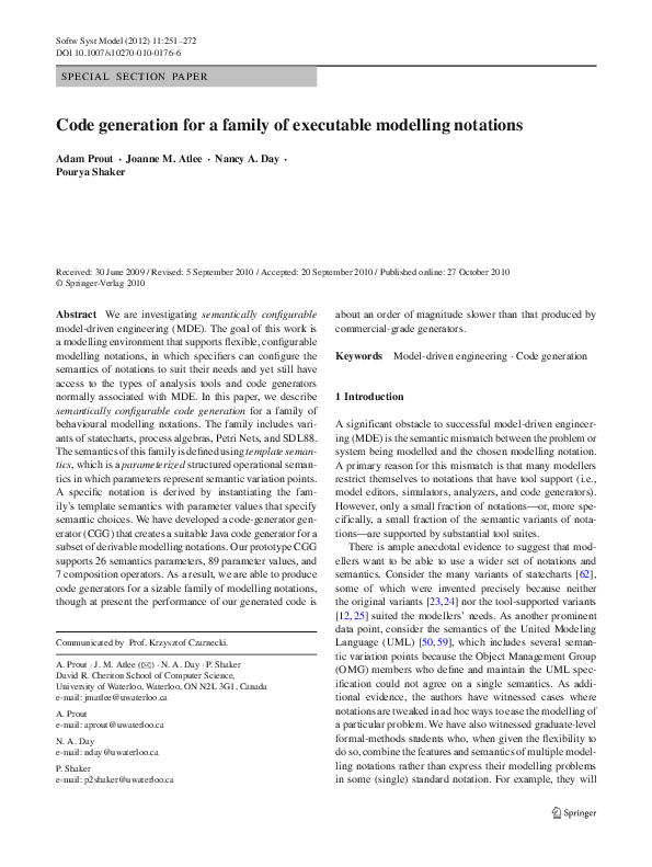 (PDF) Code generation for a family of executable modelling notations