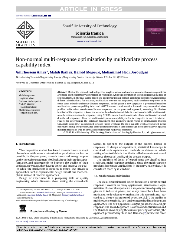 Pdf Non Normal Multi Response Optimization By Multivariate Process Capability Index