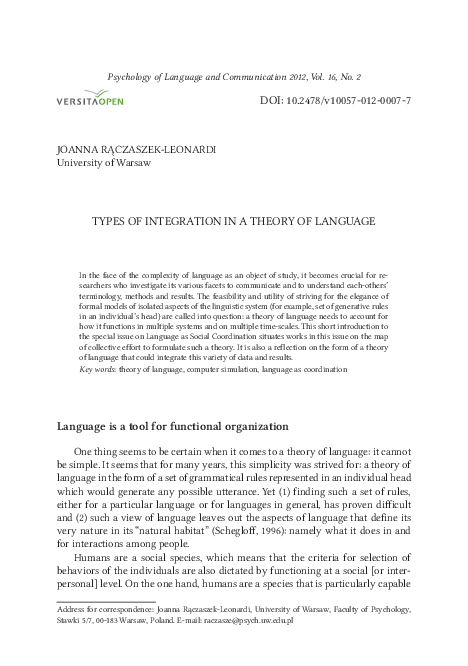 (PDF) TYPES OF INTEGRATION IN A THEORY OF LANGUAGE