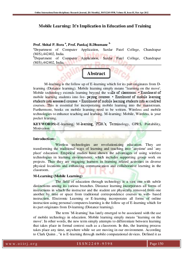 (PDF) Mobile Learning: It's Implication in Education and Training