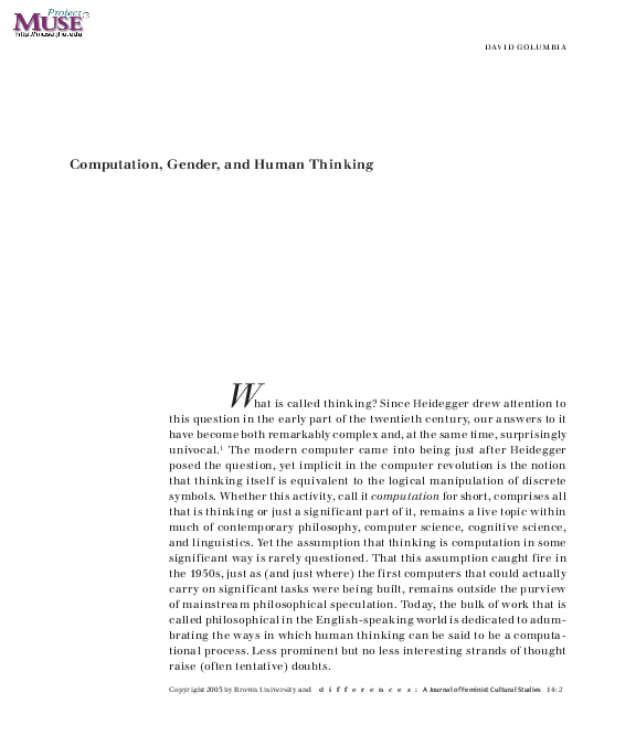 Computation Gender And Human Thinking
