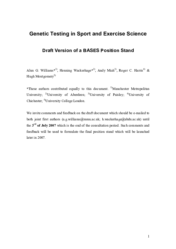 (PDF) Genetic Testing in Sport and Exercise Science