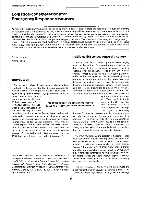(PDF) Logistical considerations for emergency response resources