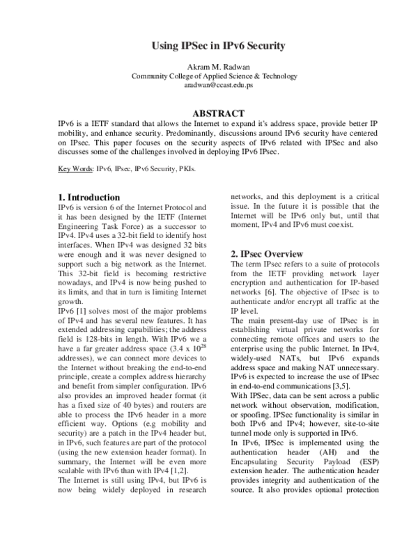 (PDF) Using IPSec in IPv6 Security
