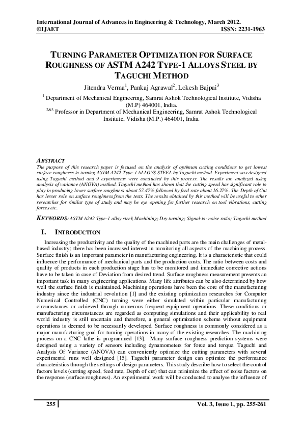 (PDF) Turning Parameter Optimization For Surface Roughness Of Astm A242 Type-1 Alloys Steel By ...