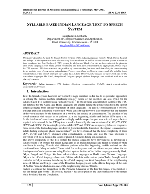 Syllable Based Indian Language Text To Speech System