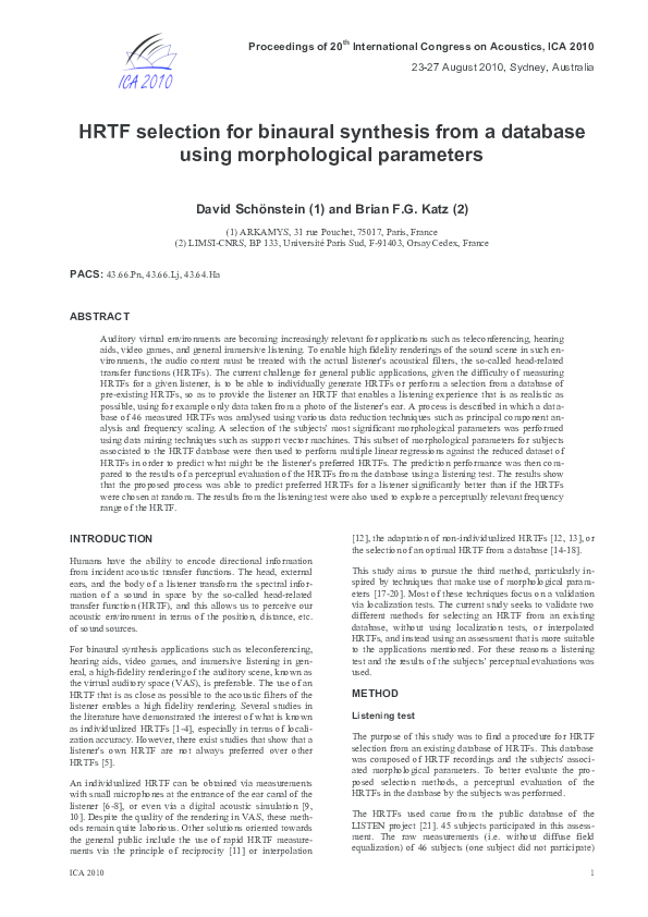 Pdf Hrtf Selection For Binaural Synthesis From A Database Using