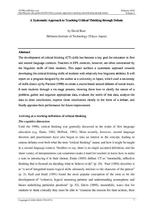 (PDF) A systematic approach to teaching critical thinking through debate