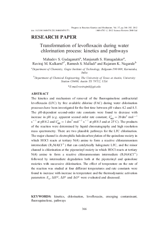 (PDF) Transformation of levofloxacin during water chlorination process ...
