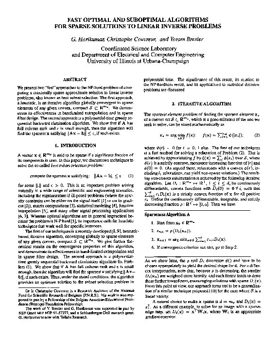 Pdf Fast Optimal And Suboptimal Algorithms For Sparse Solutions To