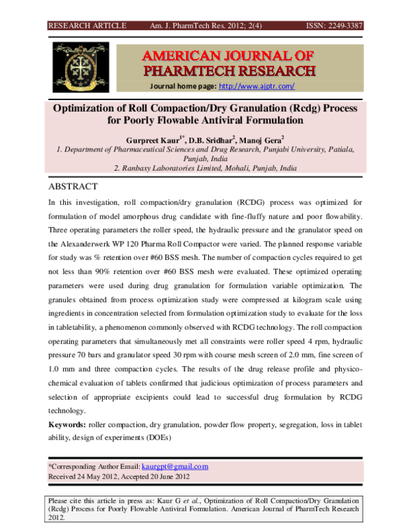 Pdf Optimization Of Roll Compaction Dry Granulation Rcdg Process For Poorly Flowable