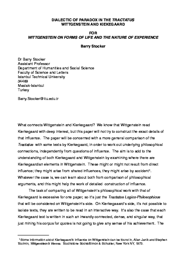 (PDF) Dialectic of Paradox in the Tractatus: Wittgenstein and Kierkegaard