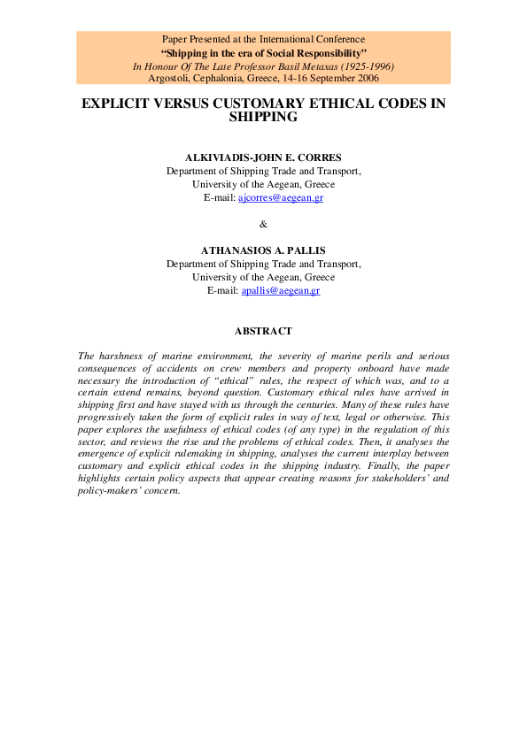(PDF) Law and Ethics: EXPLICIT VERSUS CUSTOMARY ETHICAL CODES IN SHIPPING