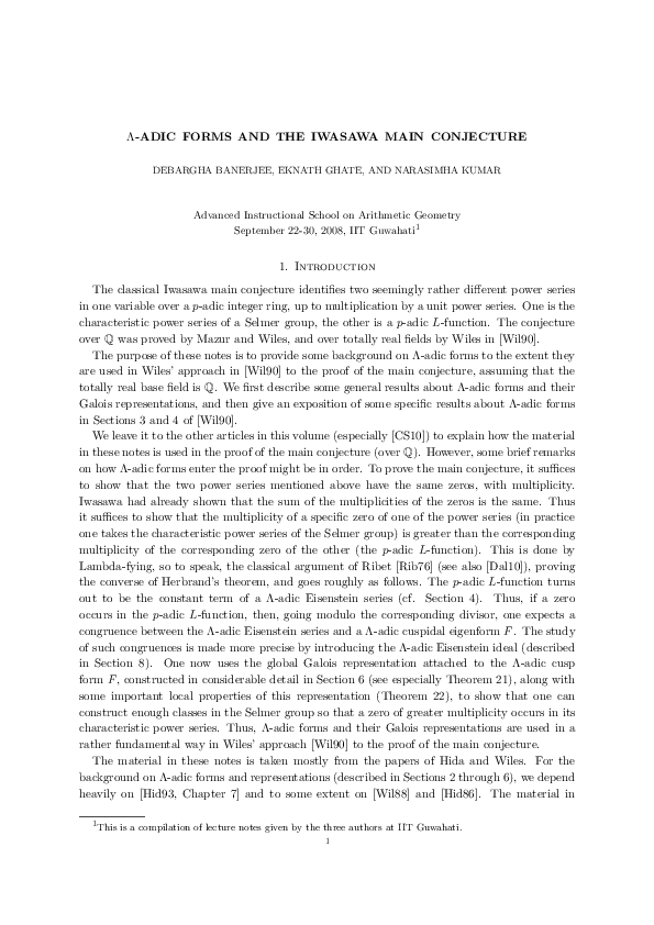 Pdf Lambda Adic Forms And The Iwasawa Main Conjecture Joint With D