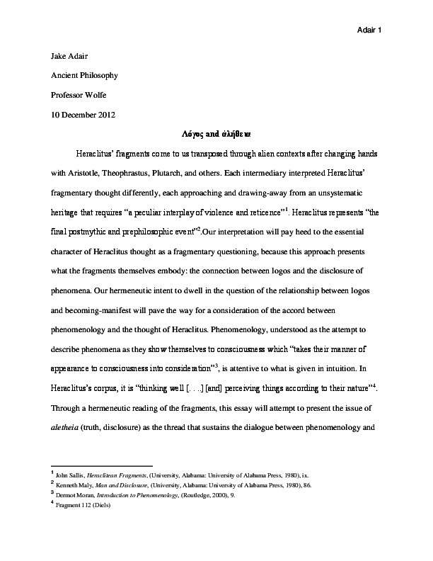 (DOC) Heraclitus: Aletheia and Logos