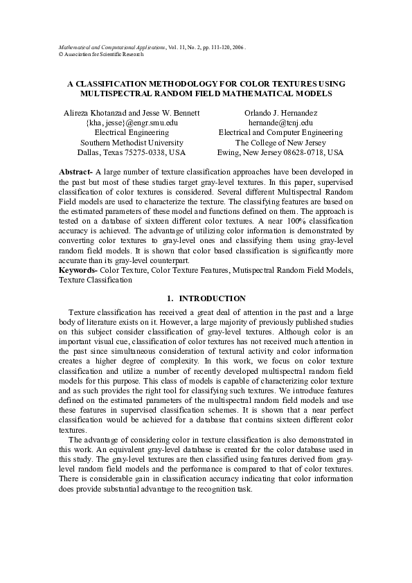 Pdf A Classification Methodology For Color Textures Using Multispectral Random Field