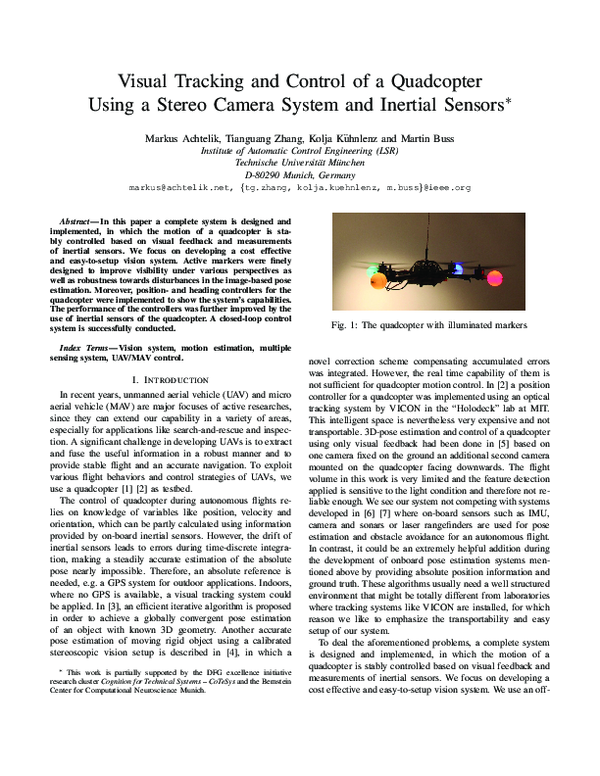 Pdf Visual Tracking And Control Of A Quadcopter Using A Stereo Camera System And Inertial Sensors