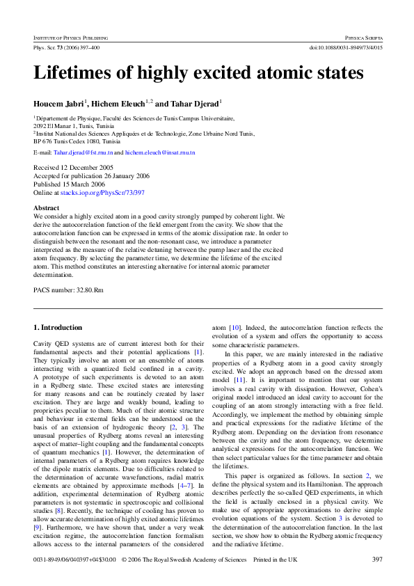(PDF) Lifetimes of highly excited atomic states