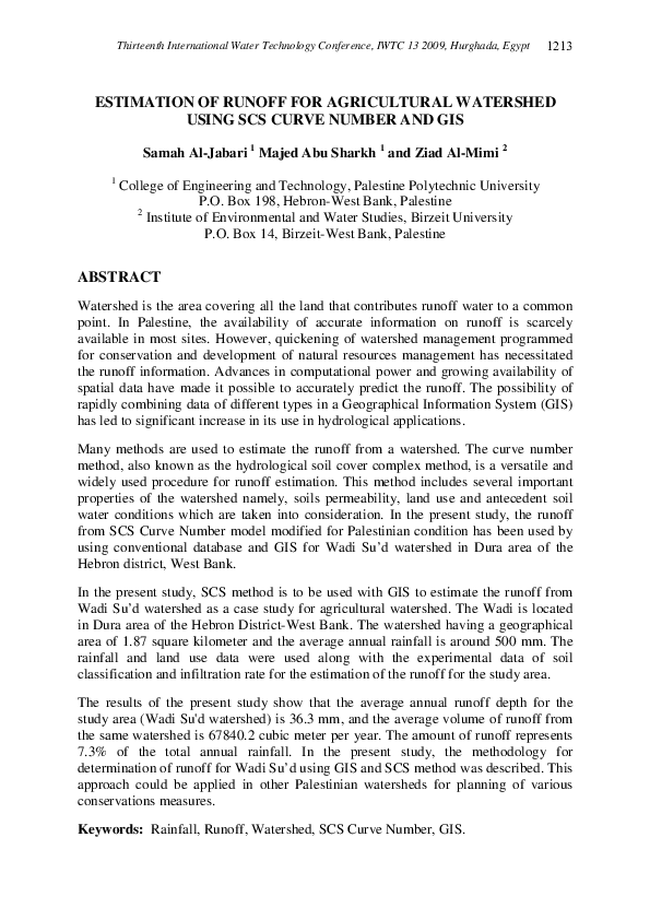 (PDF) ESTIMATION OF RUNOFF FOR AGRICULTURAL WATERSHED USING SCS CURVE ...