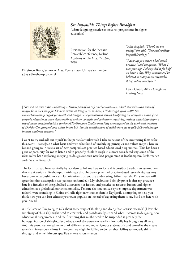 (PDF) Six Impossible Things Before Breakfast (when designing practice-as-research programmes in ...