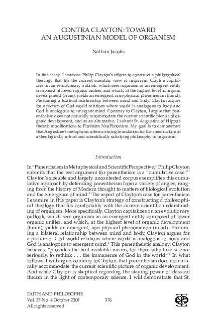 (PDF) Contra Clayton: Toward an Augustinian Model of Organism