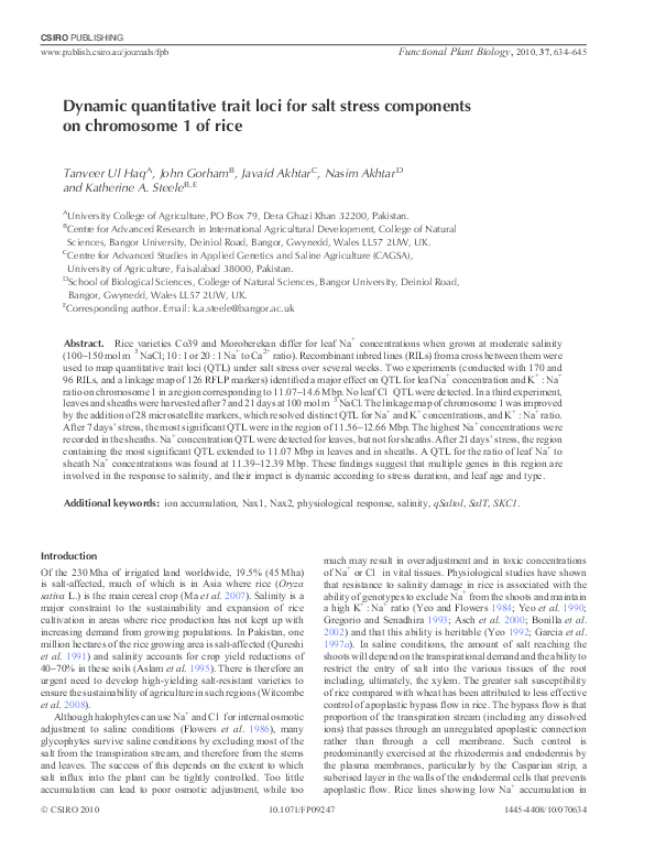 Pdf Dynamic Quantitative Trait Loci For Salt Stress Componentson Chromosome 1 Of Rice