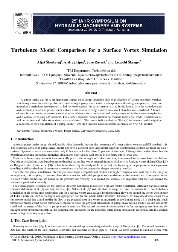 Turbulence model comparison for a surface vortex simulation