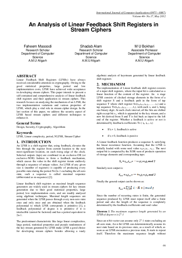 Pdf An Analysis Of Linear Feedback Shift Registers In Stream Ciphers