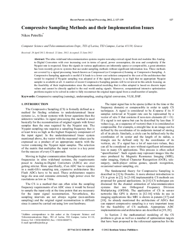 (PDF) Compressive Sampling Methods and Their Implementation Issues