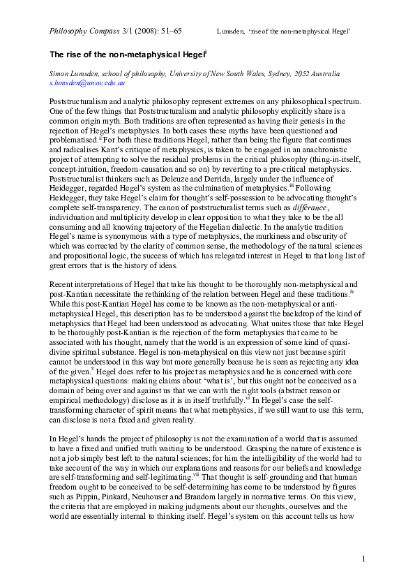(PDF) The Rise of the Non-Metaphysical Hegel, Philosophy Compass, 2008