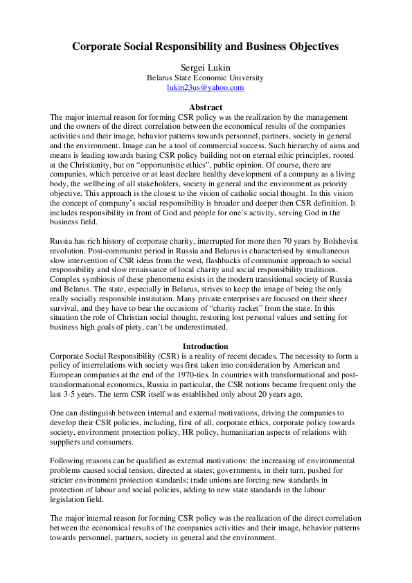 (PDF) Corporate Social Responsibility and Business Objectives